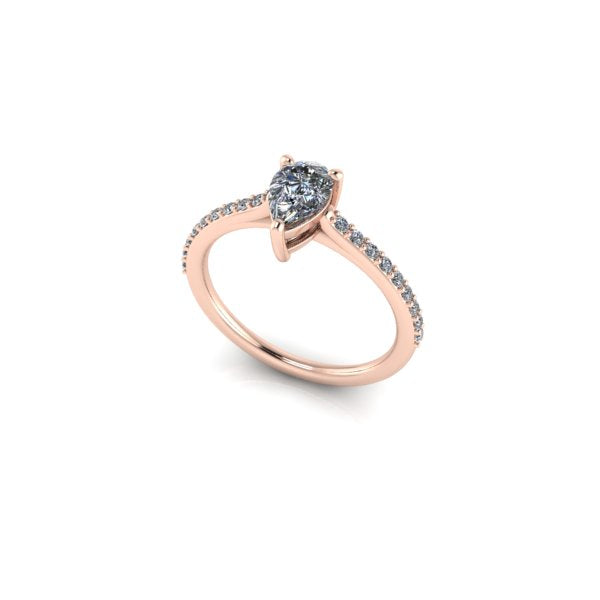 Bague solitaire serti griffe diamant poire avec pavage monture cathédr